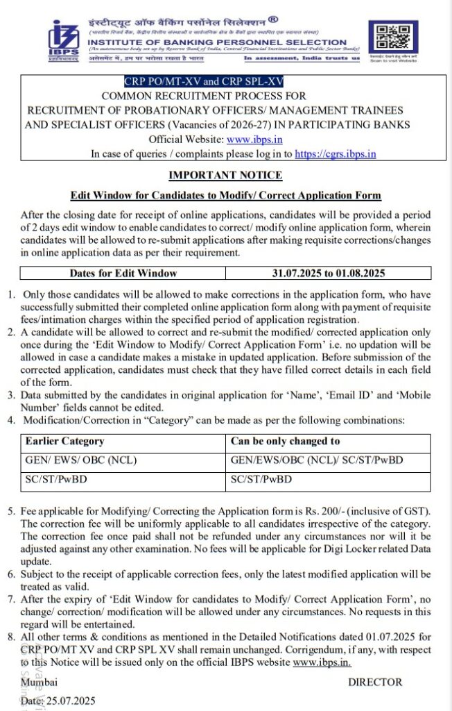 IBPS PO Recruitment 2025 Online Form Correction Window Open for PO/SO
